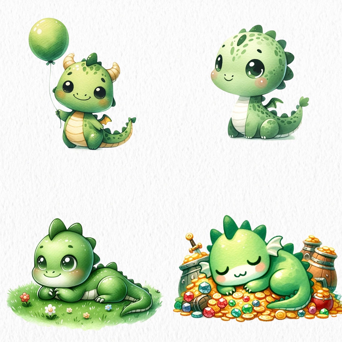 Cute Green Dragon Digital Sticker Bundle, Dragon Year Clipart, Mystical ...