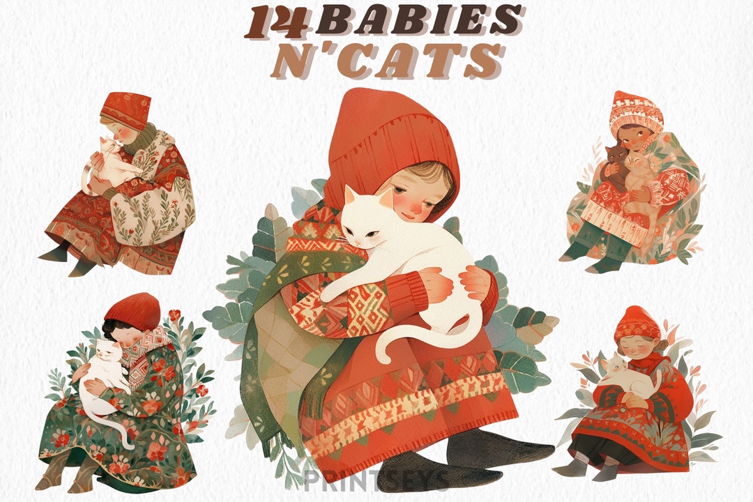 Best Cozy Christmas Clipart Bundle, Kid With a Cat Clipart,cute Cat ...