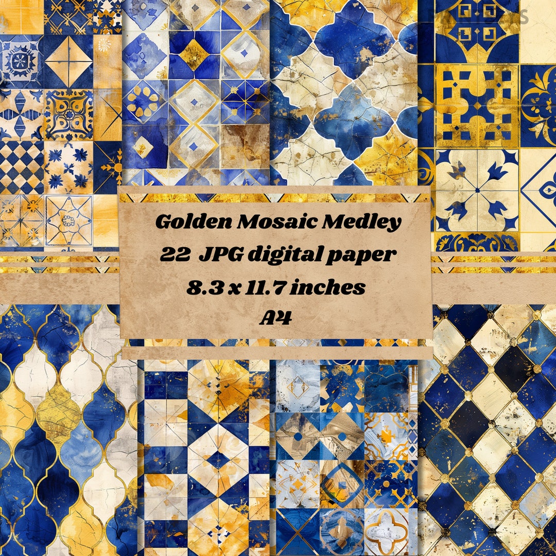 Greek Golden Tile Mosaic Digital Paper, Greek Travel Vintage Textured ...