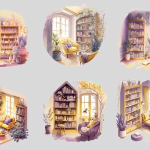 Watercolour Lilac & Yellow Bookworm Cozy Reading Corner Clipart Bundle ...