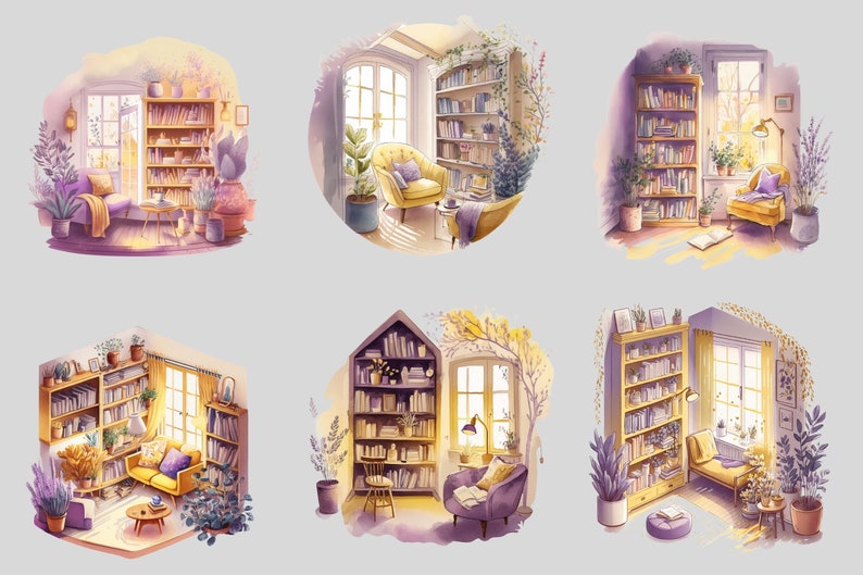 Watercolour Lilac & Yellow Bookworm Cozy Reading Corner - Etsy
