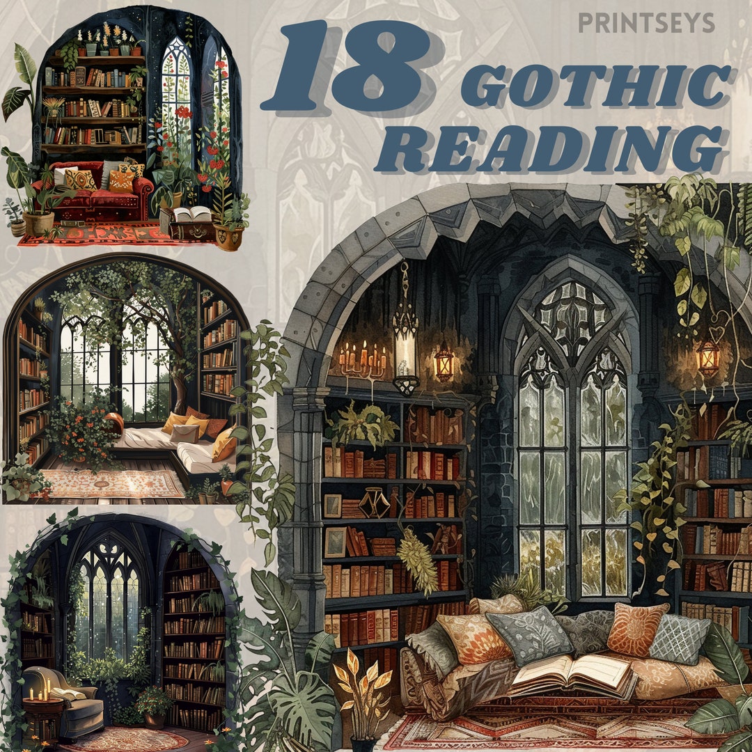 Watercolour Cozy Gothic Reading Nook, Clipart Bundle, Dark Academia ...