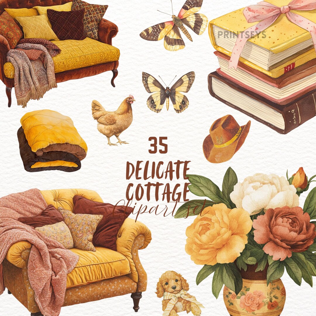 Rustic Cottagecore Watercolor Clipart Set Cozy Cottage Digital Stickers ...