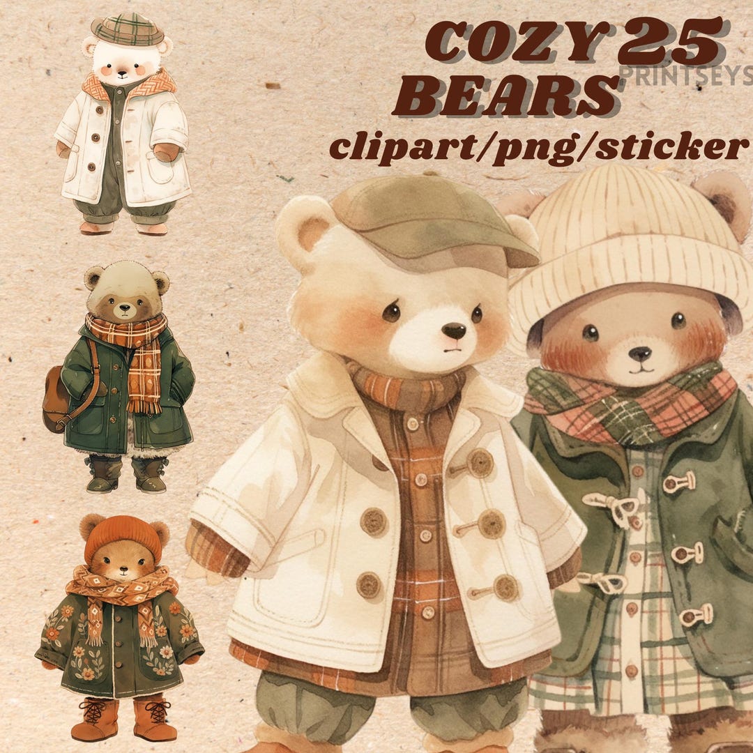 Watercolour Cozy Cold Weather Bear Clipart Bundle, Cottagecore, Cozy ...