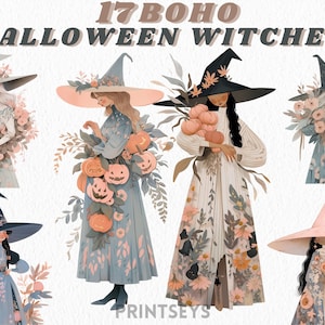 Boho Halloween Witches Clipart Bundle, Chic Clipart, Folk Art, Abstract ...