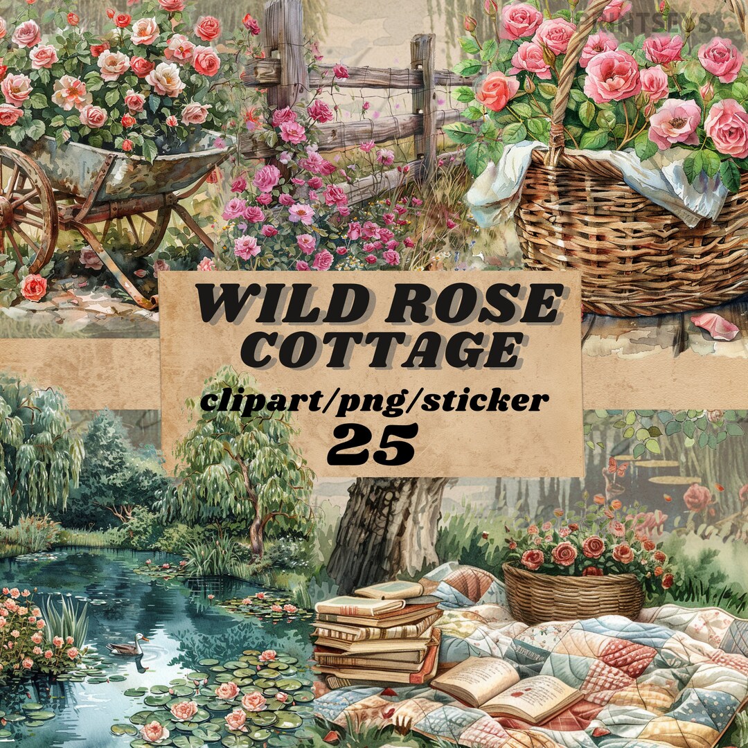 Watercolour Wild Rose Cottage Sticker Bundle, Floral Clipart, Wild Rose ...