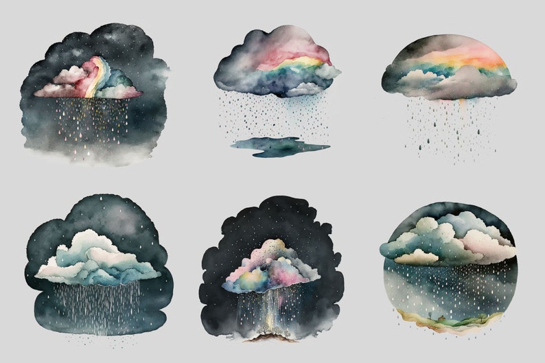 Watercolour Rain Cloud Clipart Bundle, Rainy Days, Thunderstorm, Pastel ...