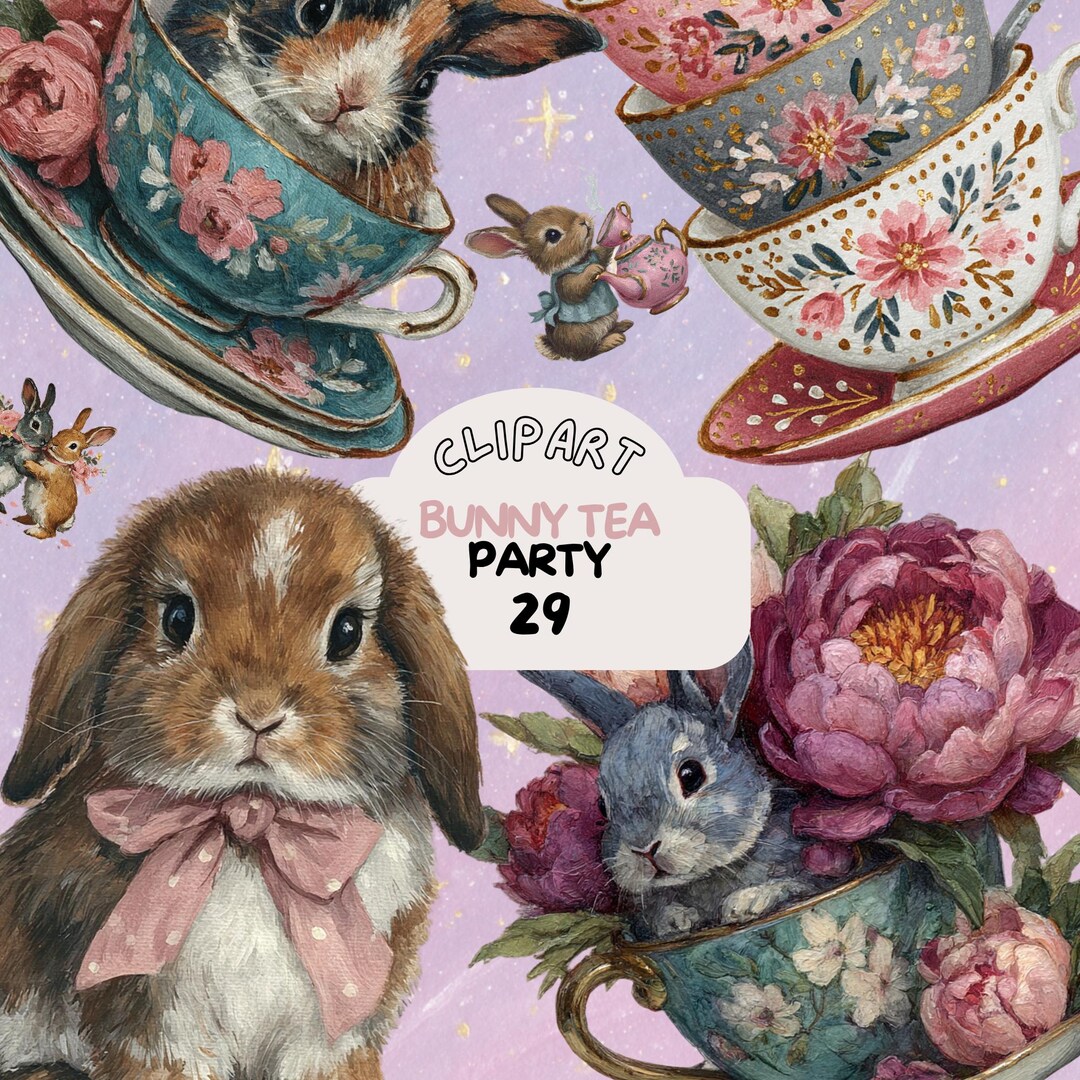 Bunny Tea Party Clipart Bundle Vintage Whimsical Sticker Set Goodnote ...