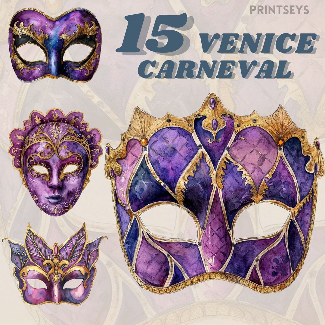 Venice Carneval Mask Digital Stickers, Purple and Gold Clipart ...