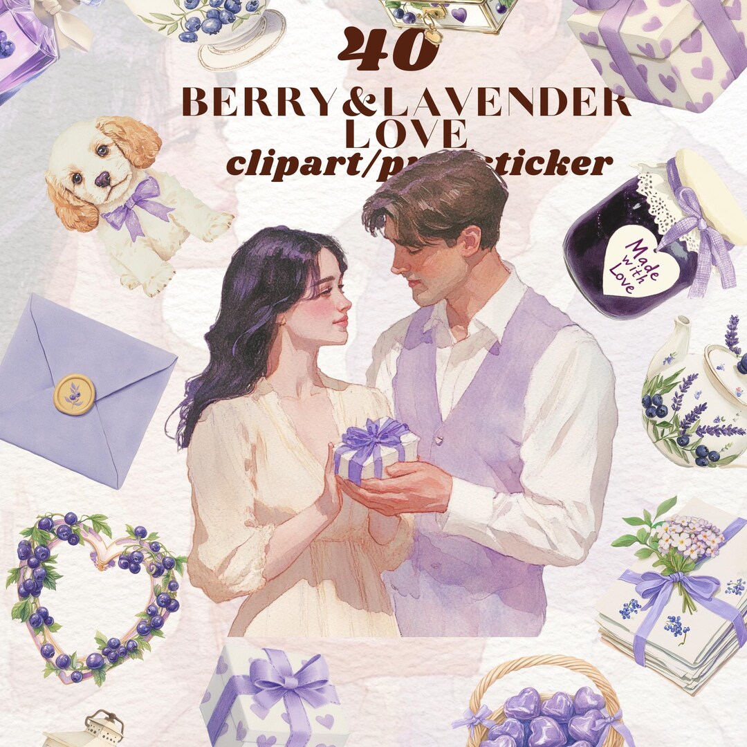 Lavender Blueberry Romance Digital Sticker Set Valentines Png ...