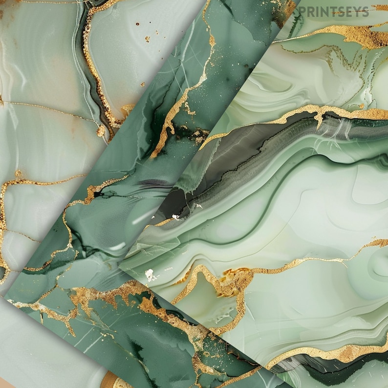 Sage and Gold Marble Pattern Digital Papers, Seamless Marble Textures ...