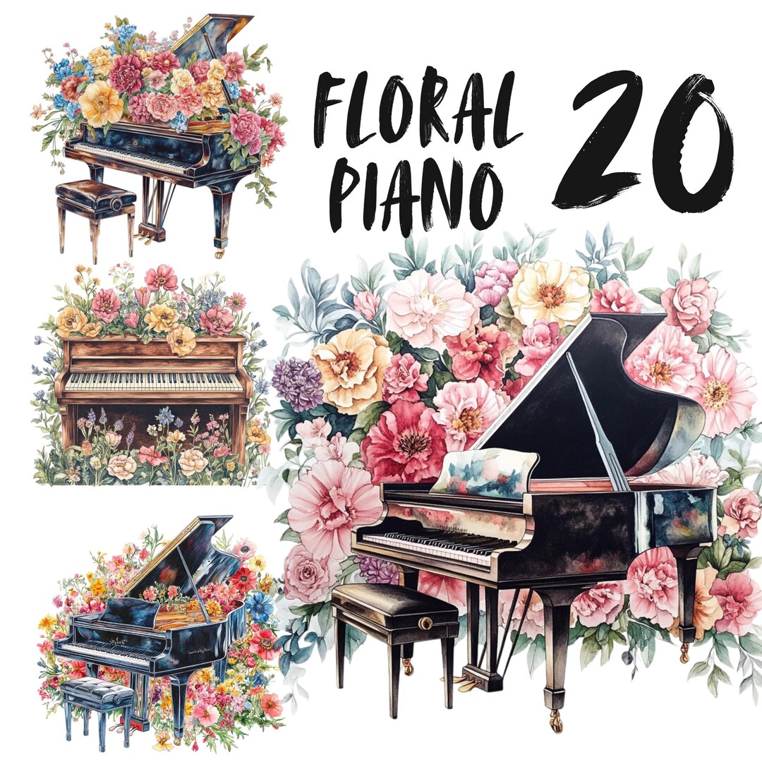 Floral Piano Clipart Set, Musical PNG Stickers,vintage Art Shabby Chic ...
