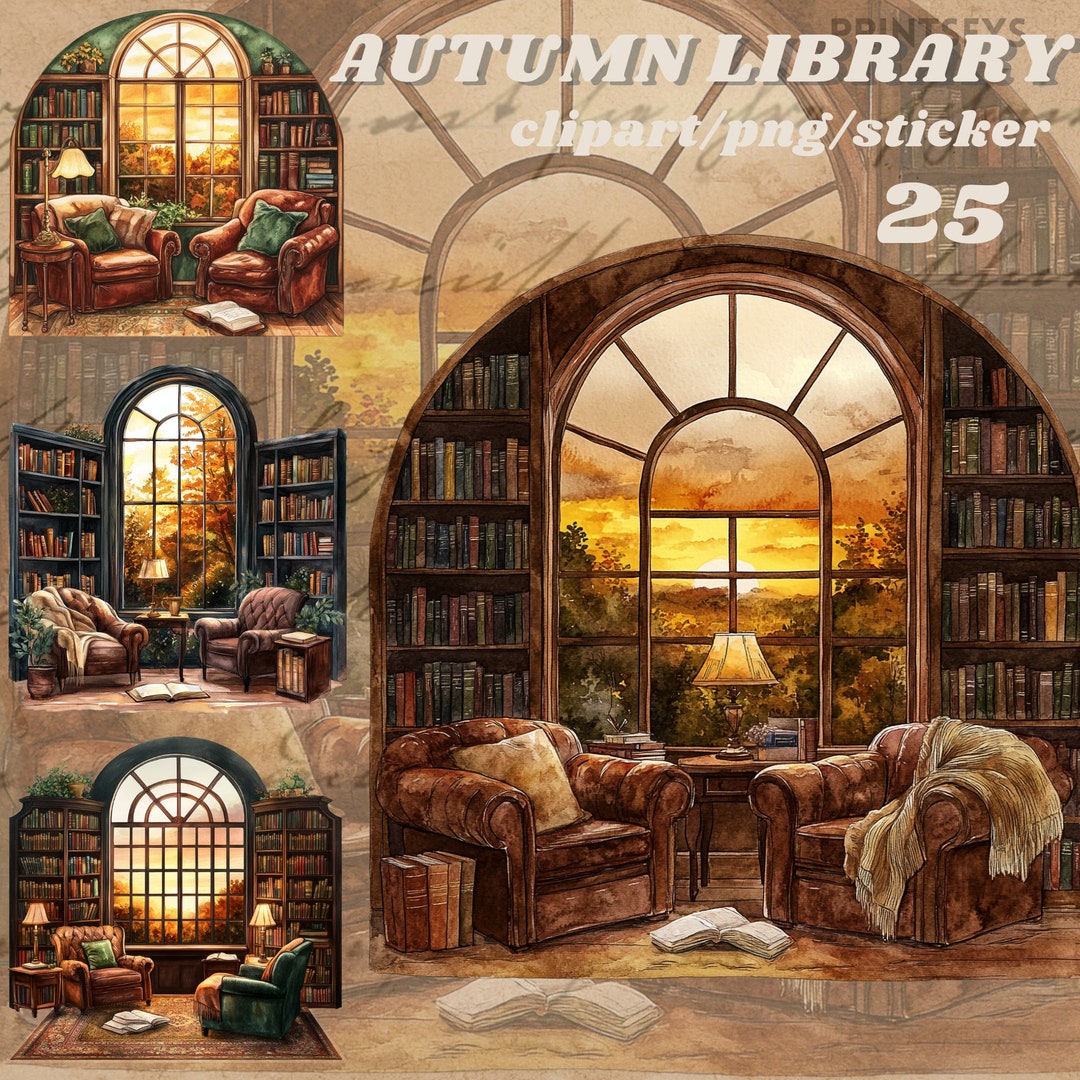 Watercolour Autumn Library Clipart Bundle, Cozy Autumn Reading Corner ...