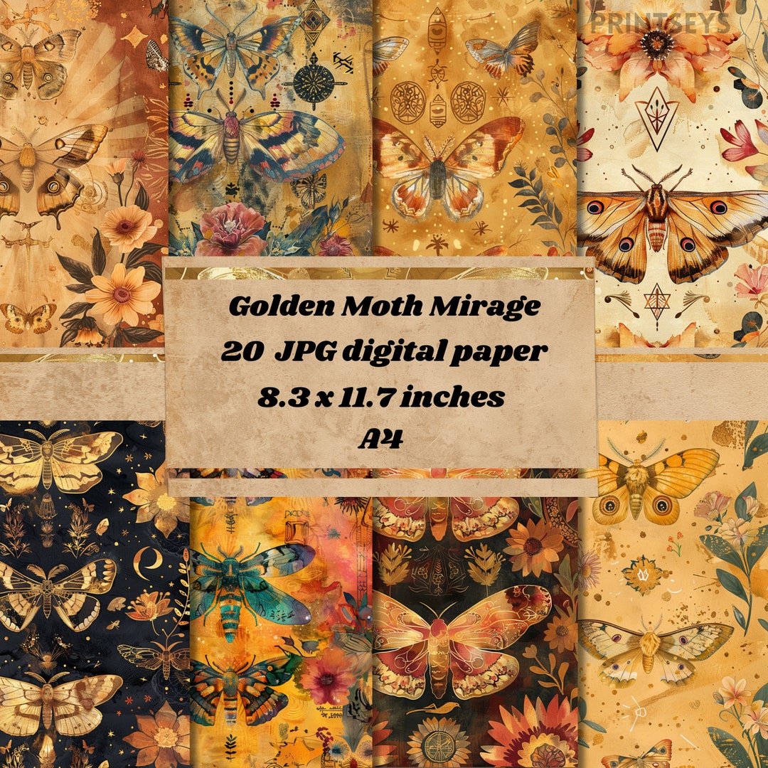 Golden Moth Mirage Digital Paper, Vintage Mystical Texture Paper ...