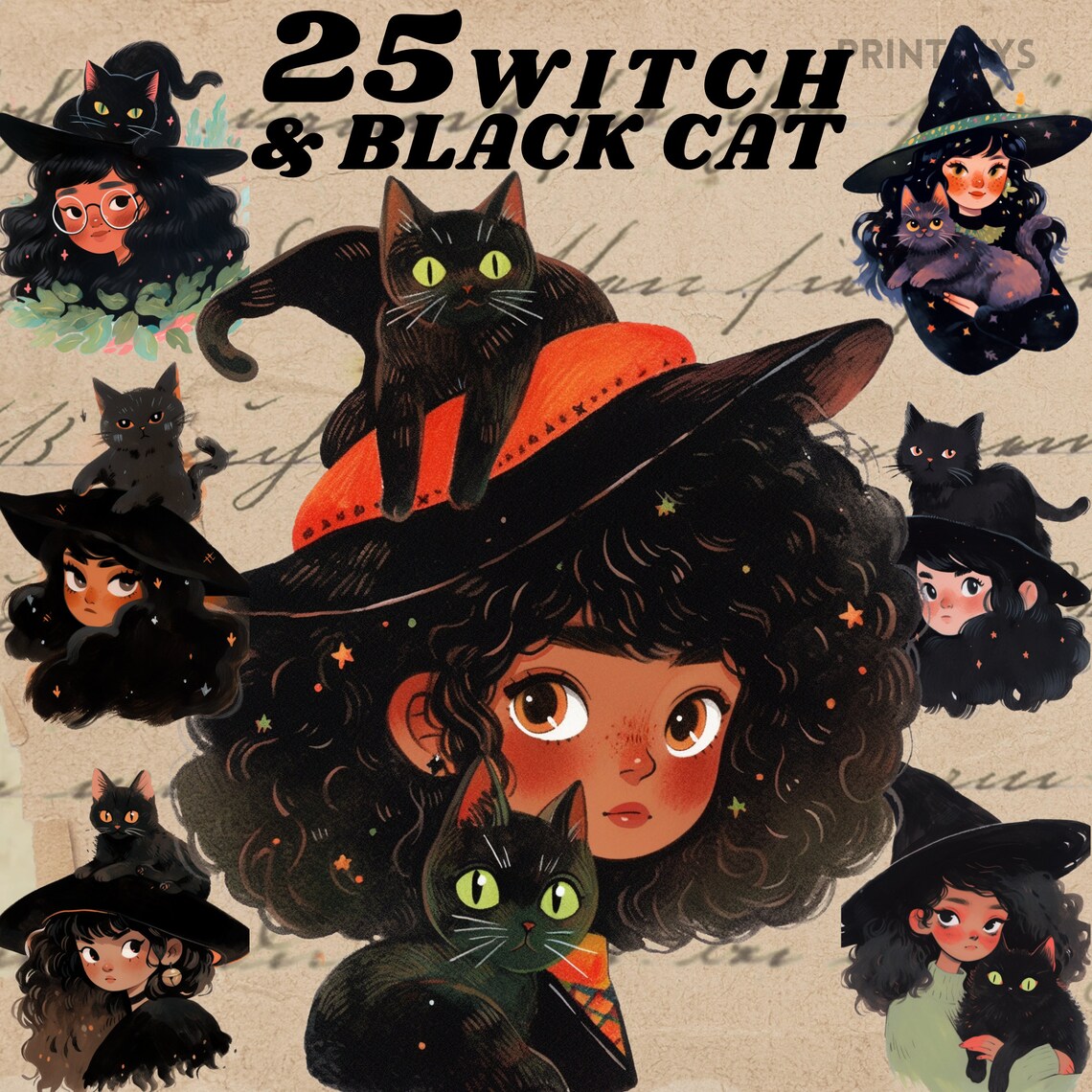 Cute Witch an Black Cat Wiccan Digital Stickers, Occult Clipart ...