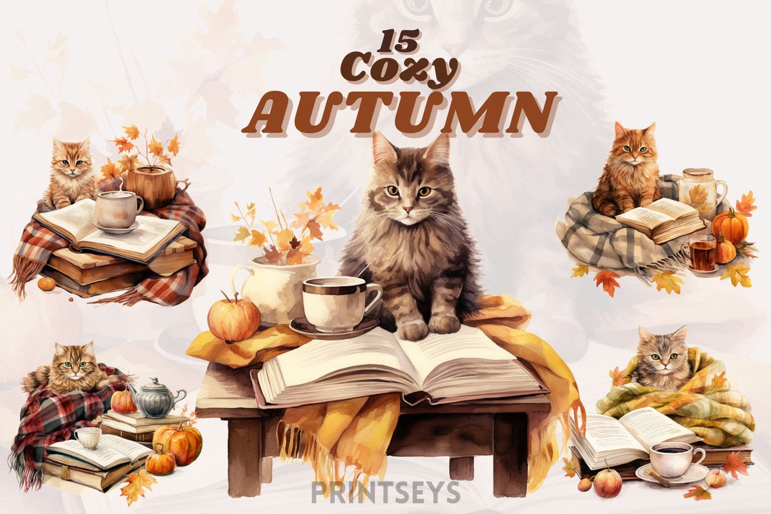 Watercolour Cozy Autumn Cats Clipart Bundle, Fall Clipart, Throws ...