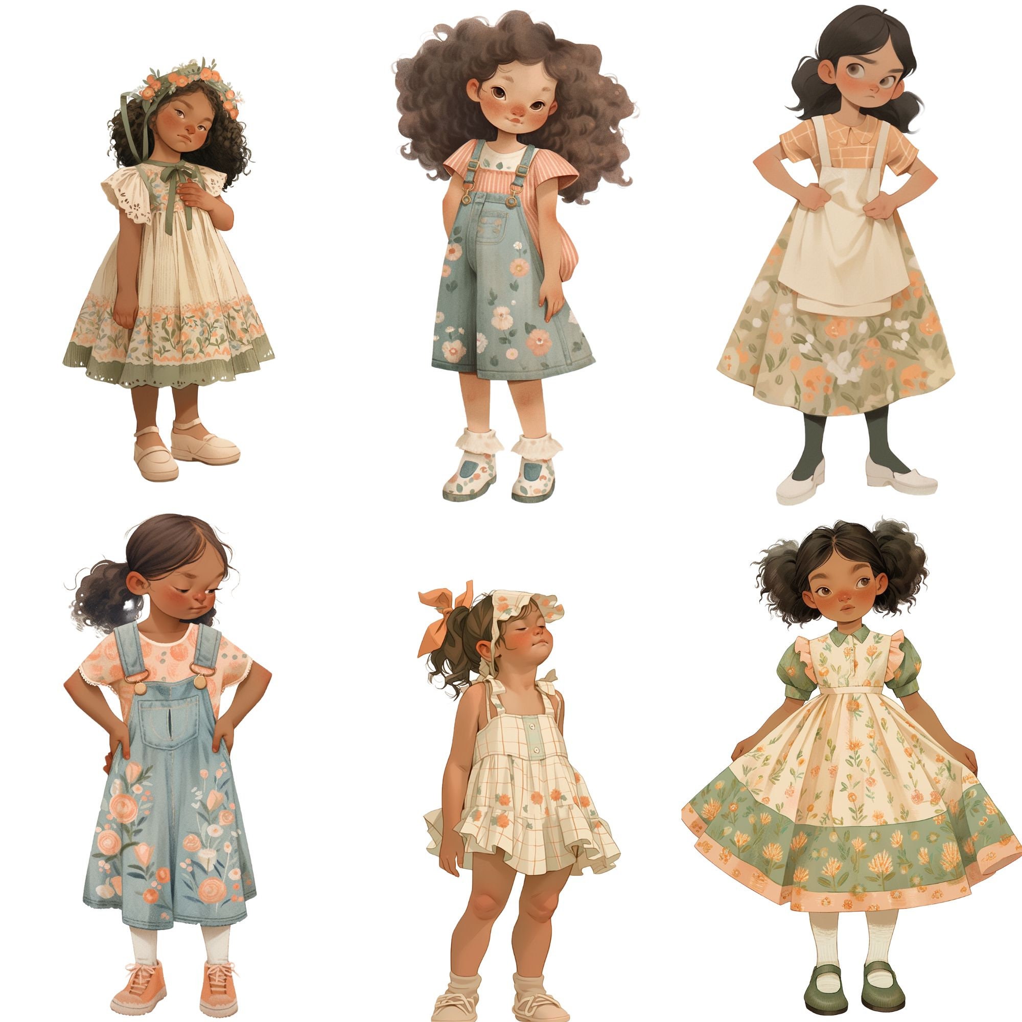Cute Cottagecore Toddler Kid Fashion Outfit Clipart Bundle, Vintage ...