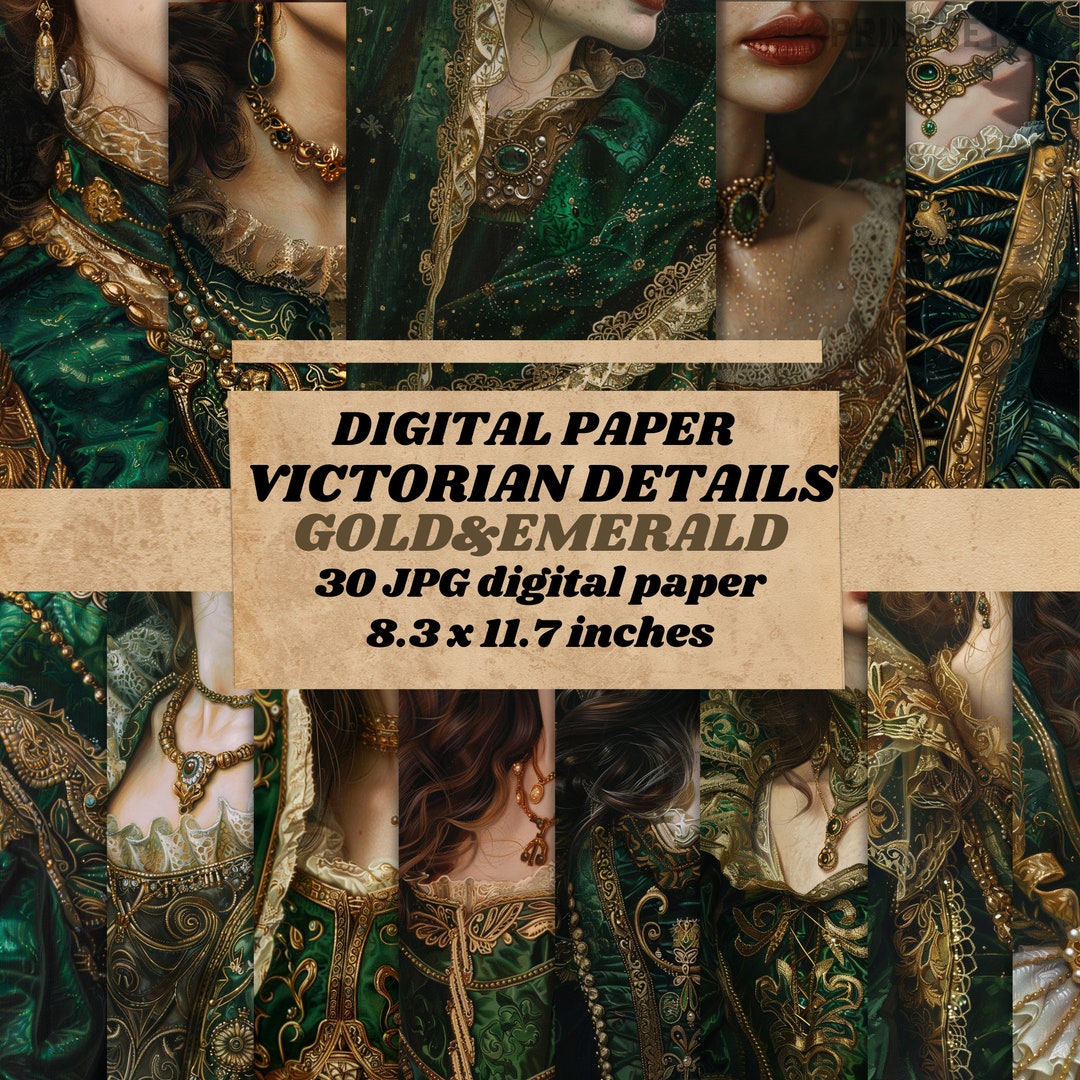 Emerald and Gold Victorian Digital Paper, Renaissance Queen Fashion ...