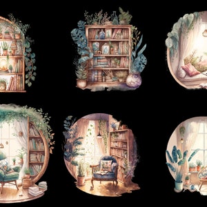 Watercolour Bookworm Cozy Reading Corner Clipart Bundle, Bookshelf ...