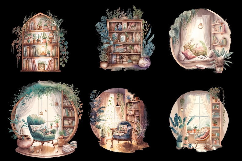 Watercolour Bookworm Cozy Reading Corner Clipart Bundle - Etsy
