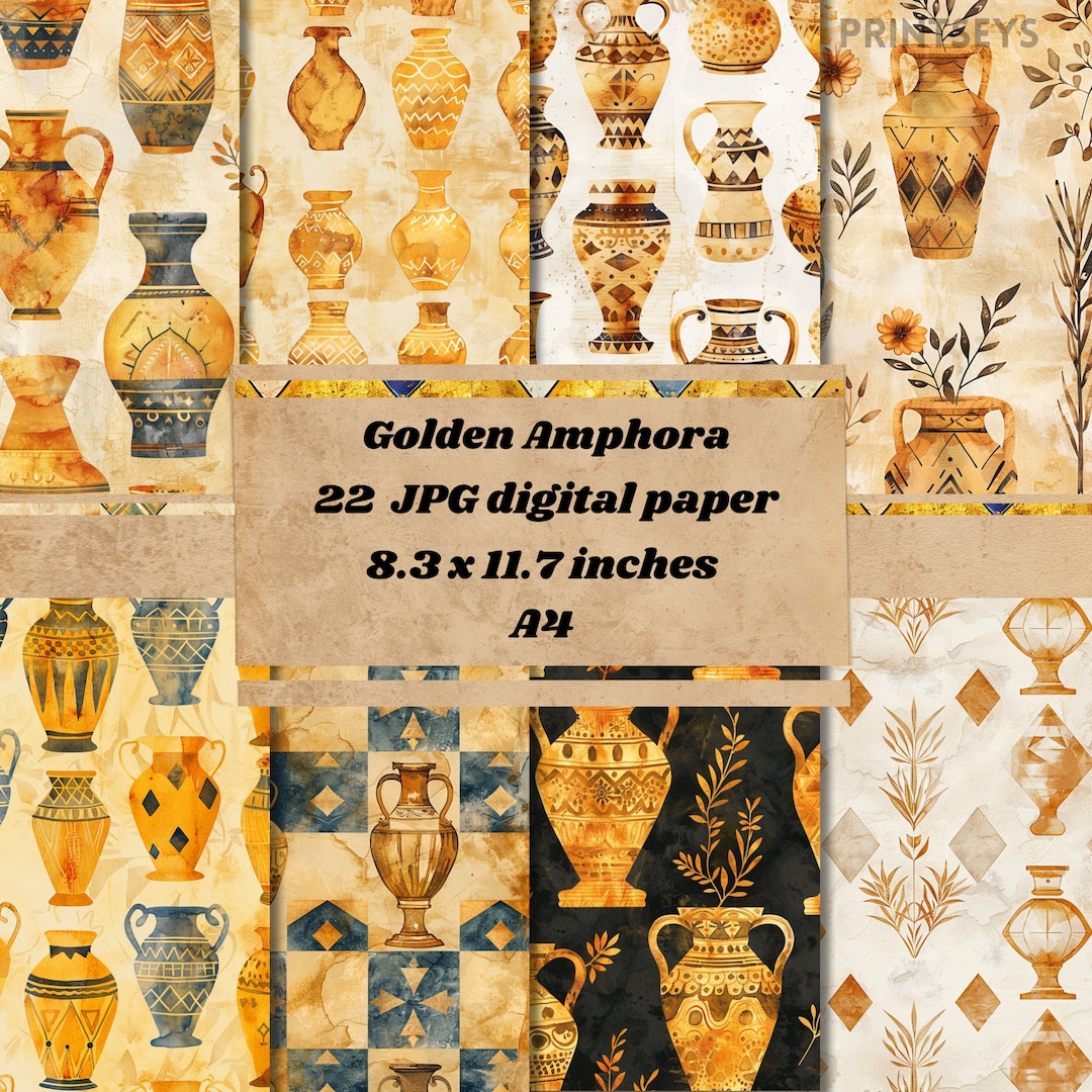 Greek Golden Amphora Digital Paper, Greek Travel Vintage Textured Paper ...