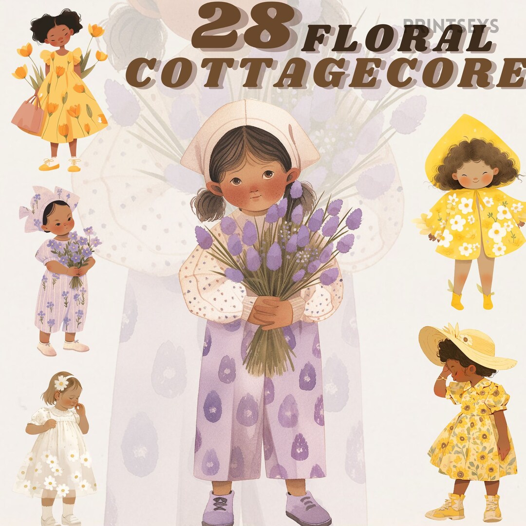 Cottagecore Floral Toddler Kid Fashion Outfit Clipart Bundle, Vintage ...