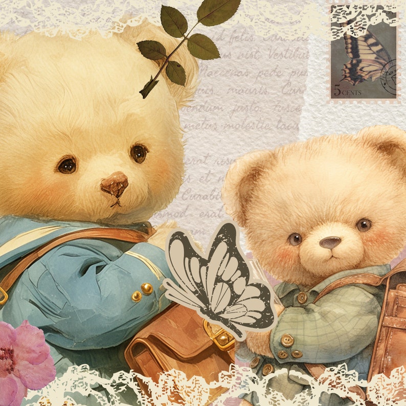 Cute Teddy Goes to School Digital Sticker, Vintage Clipart Bundle ...