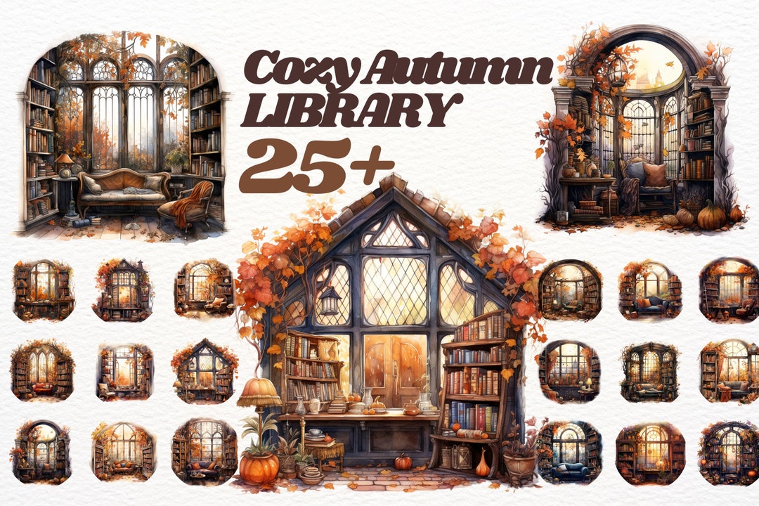 Watercolour Fantasy Autumn Library Clipart Bundle, Cozy Library ...