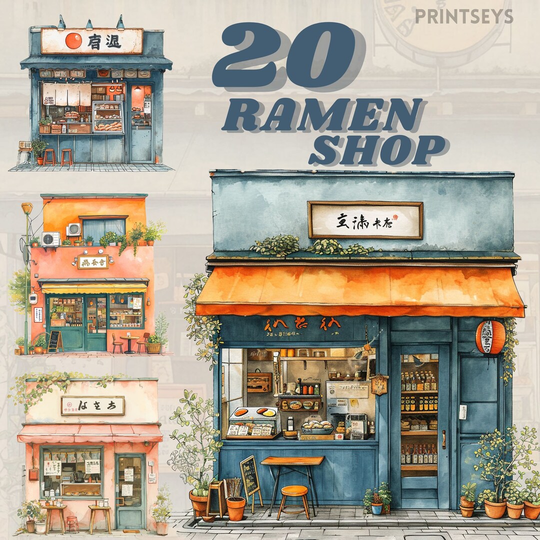 Watercolour Ramen Shop Clipart Bundle, Vintage Shop, Ramen, Asian Style ...