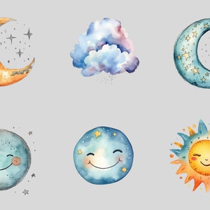 Watercolour Cute Sky Clipart Bundle, Sun Clipart,moon Clipart,star and ...