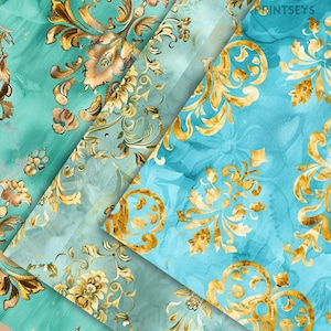 Blue and Gold Damask Digital Paper, Vintage Textured Paper, Scrapbook ...