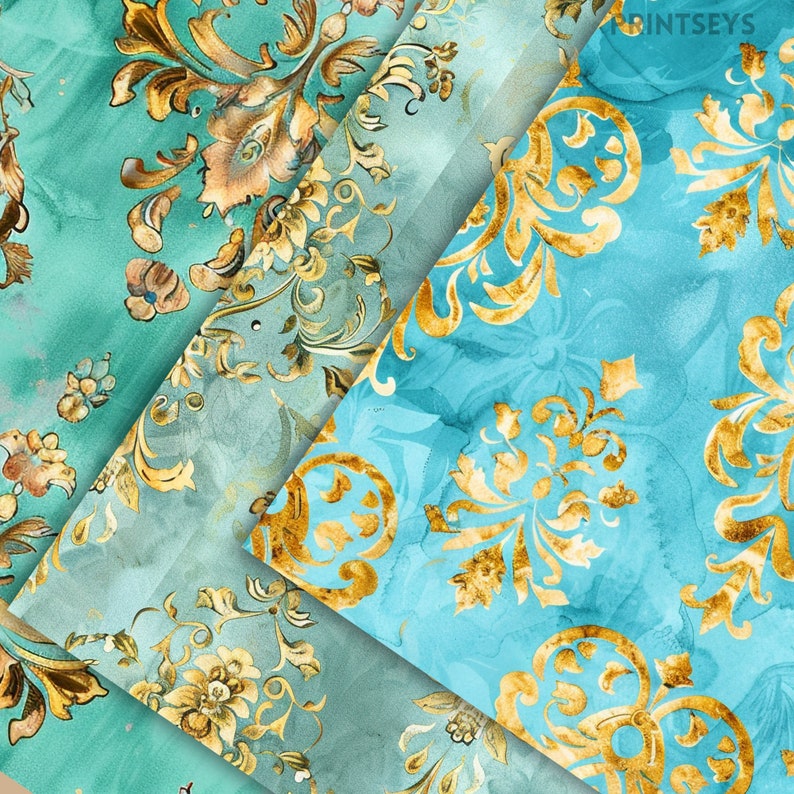 Blue and Gold Damask Digital Paper, Vintage Textured Paper, Scrapbook ...