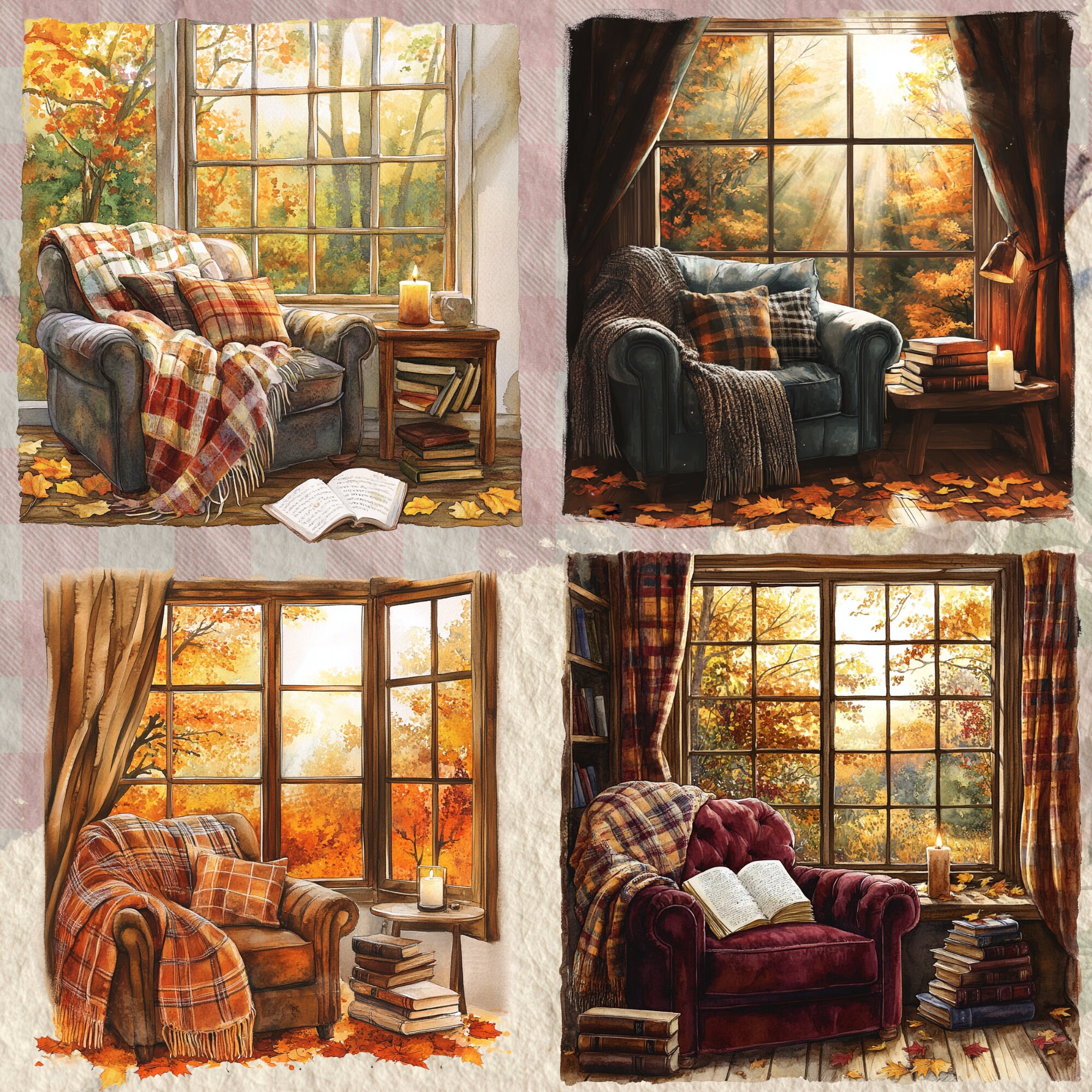 Watercolour Autumn Cozy Nook Clipart Bundle, Cozy Autumn Reading Corner ...