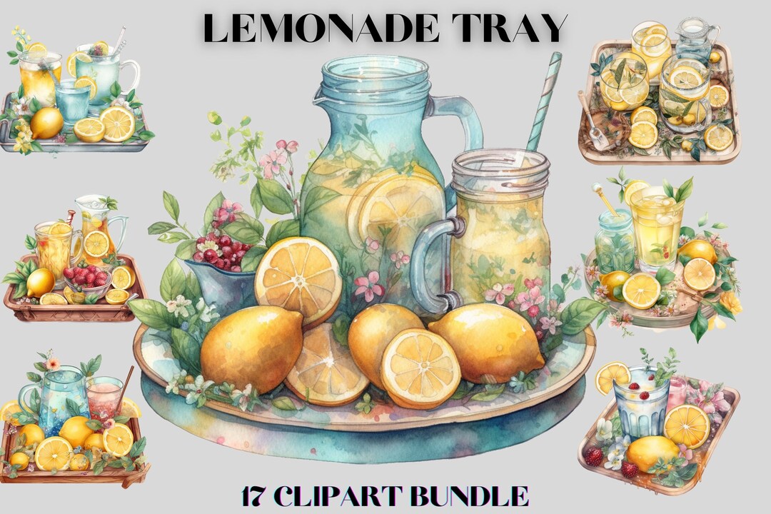 Watercolour Lemonade Tray Clipart Bundle, Summer Vibes Clipart, Lemon ...