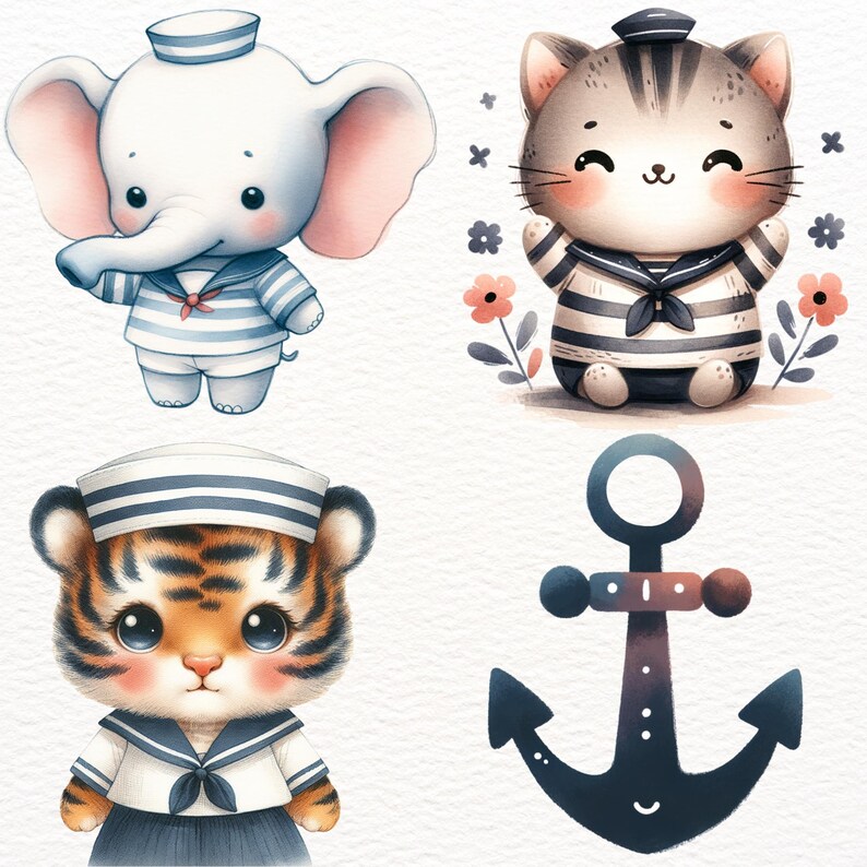 Cute Animal Sailors Clipart Set, Cute Sailors Animals Stickers, Kawaii ...