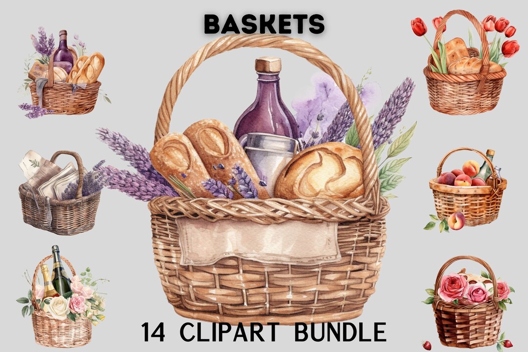 Watercolour Rustic Basket Clipart Bundle, Cottage Decor, Cottagecore ...