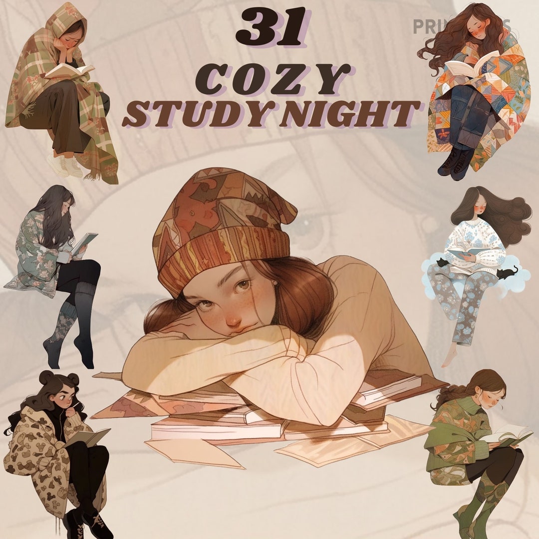 Cozy Cold Weather Studying Digital Stickers, Student Clipart Bundle ...