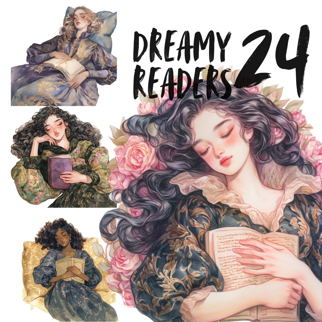 Cozy Vintage Reading Girls Clipart Set, Cozy Book Lover PNG Stickers ...