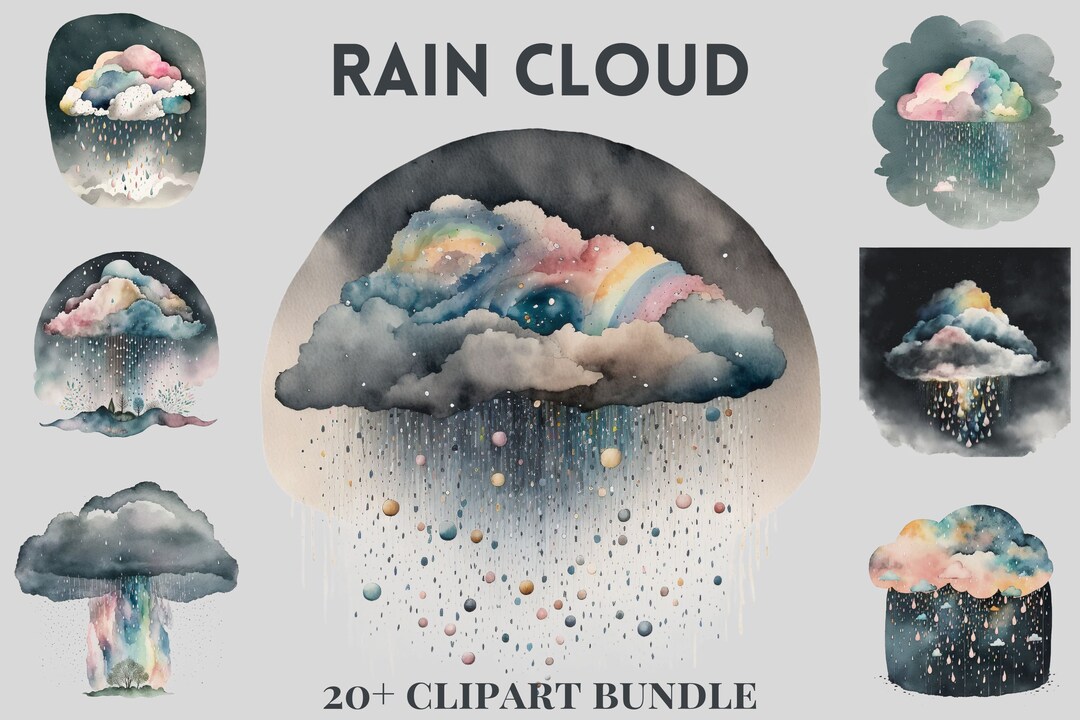 Watercolour Rain Cloud Clipart Bundle, Rainy Days, Thunderstorm, Pastel ...