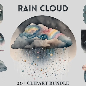 Watercolour Rain Cloud Clipart Bundle, Rainy Days, Thunderstorm, Pastel ...