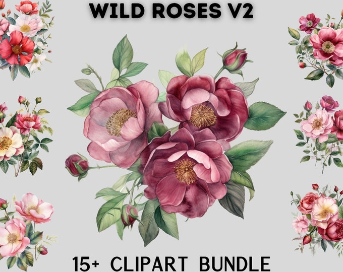 Beautiful Wild Rose Clipart, Watercolor Roses Clip Art, Floral PNG ...