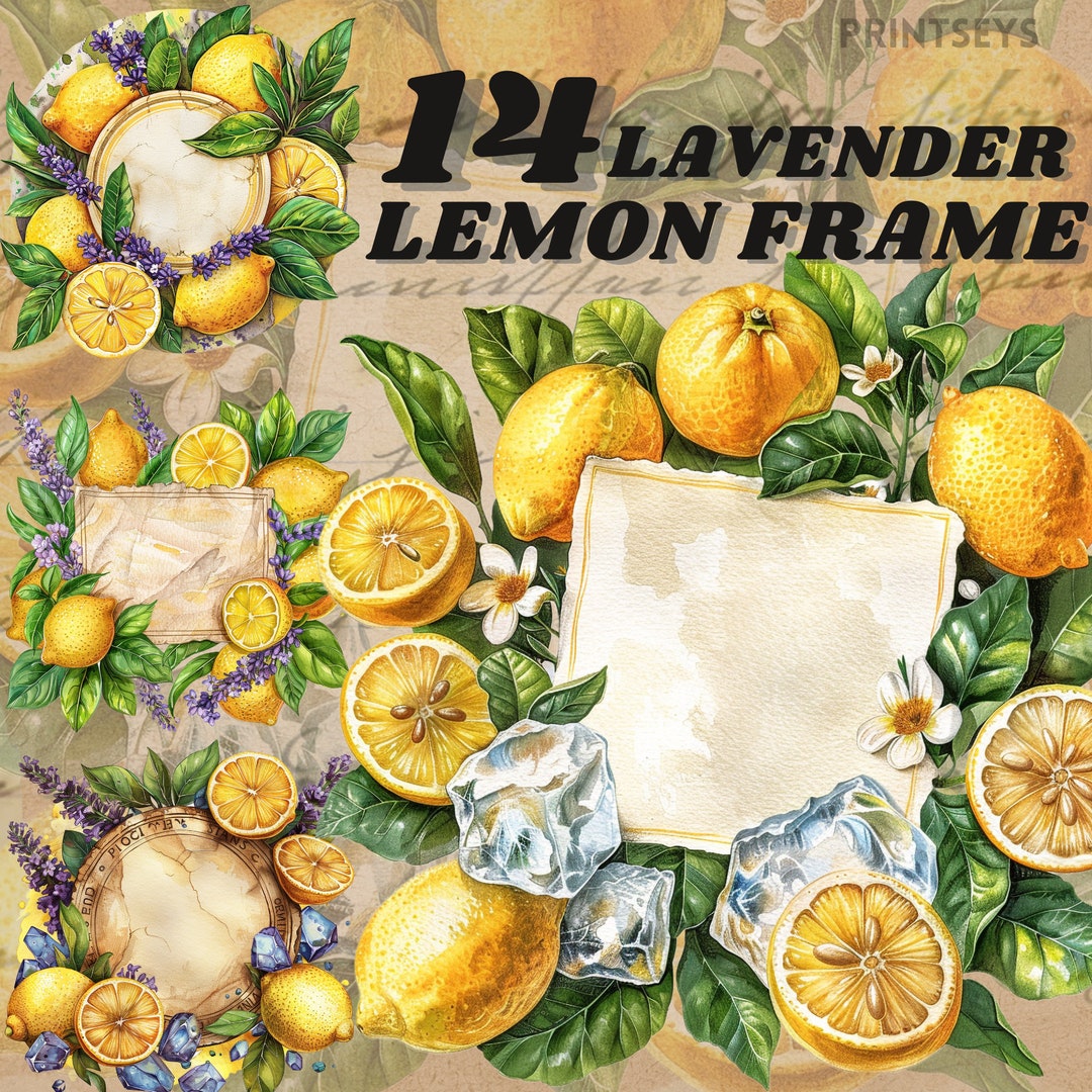 Fresh Lemon and Lavender Frame Digital Sticker, Lemon Label Clipart ...