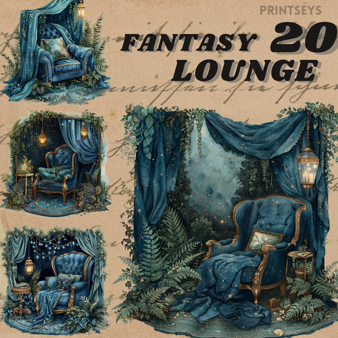 Watercolor Fantasy Blue Magic Lounge Clipart Bundle, Sapphire Reading ...