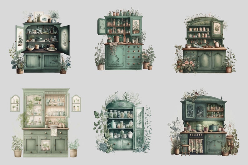 Watercolour Sage Cottagecore Kitchen Clipart Bundle Cottage - Etsy