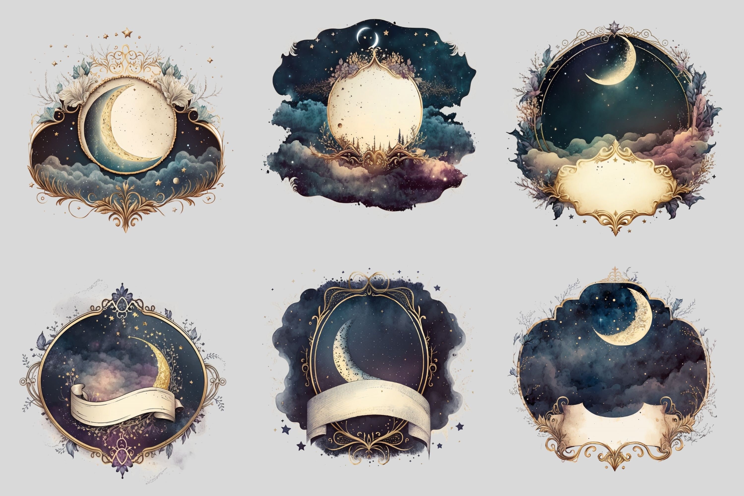 Watercolour Celestial Vintage Moon Frame Clipart Bundle, Gold and Black ...