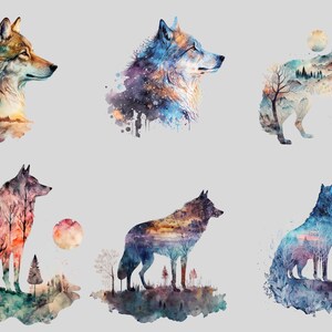 Watercolour Style Cosmic Wolves Clipart Bundle , Celestial Wolf, Png ...