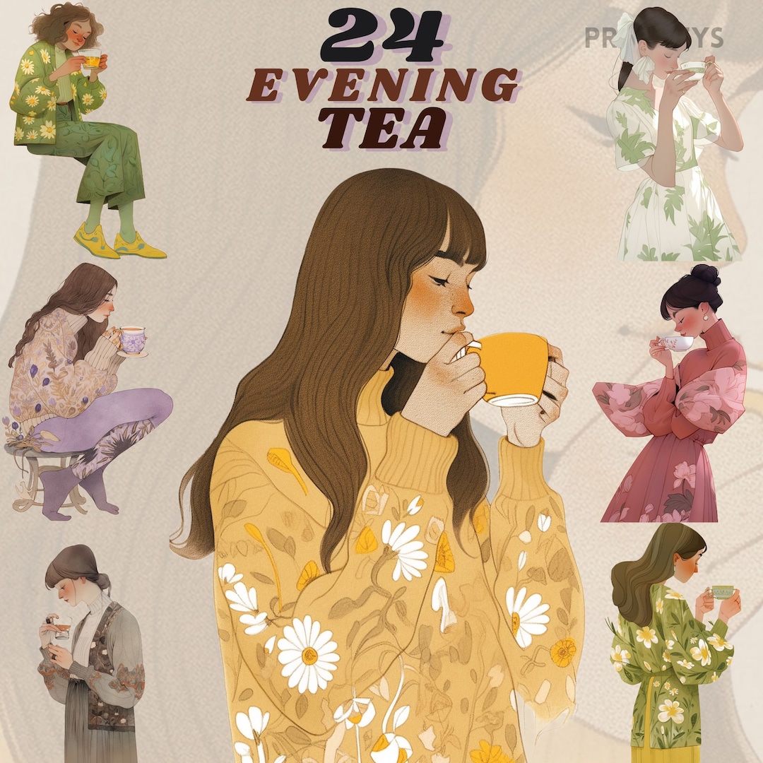 Cozy Girl Drinking Evening Tea Clipart Bundle, Tea Time Digital Sticker ...