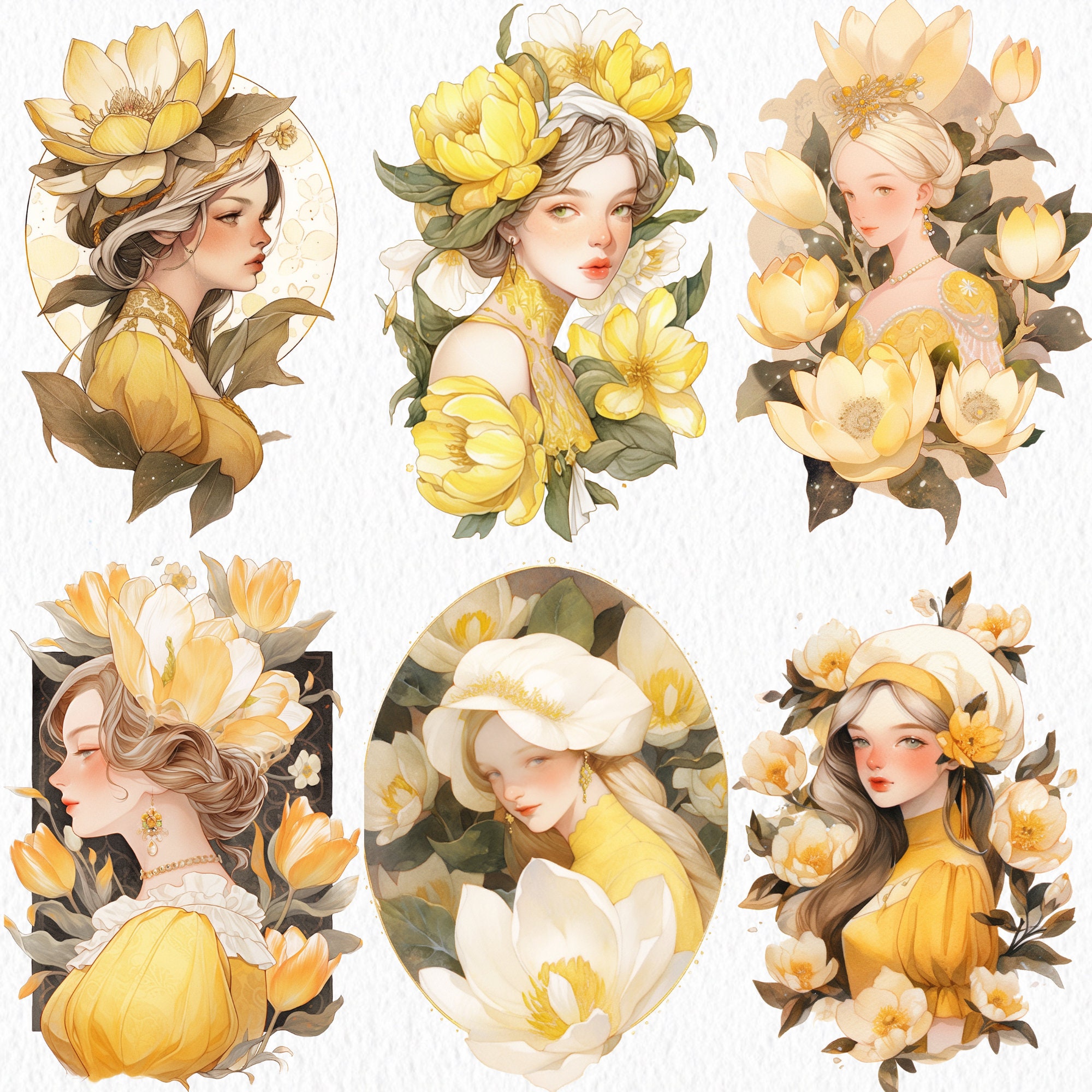 Fantasy Yellow Magnolia Girl Digital Stickers, Spring Clipart ...