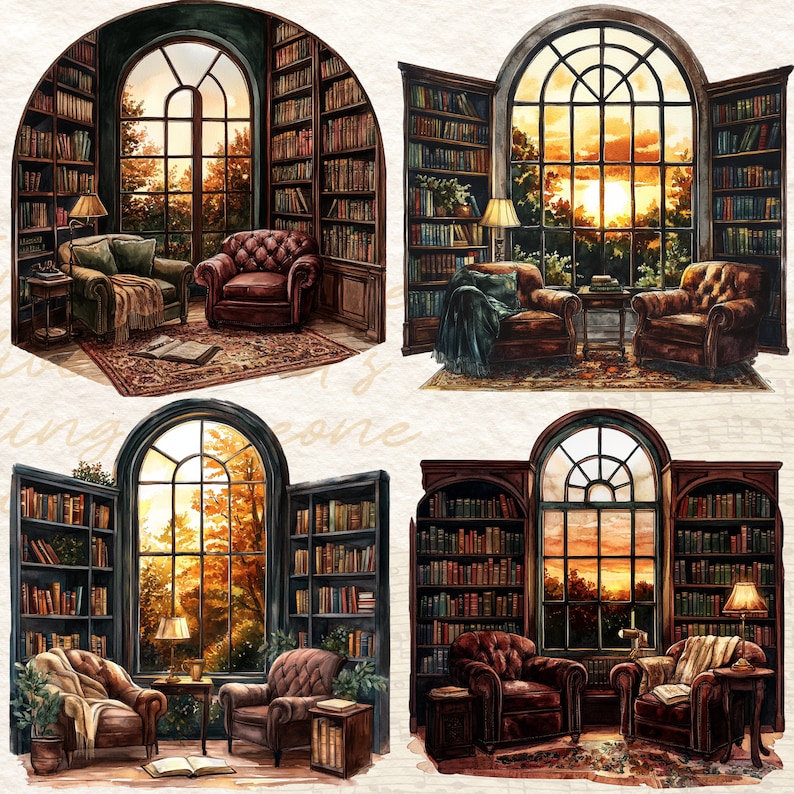 Watercolour Autumn Library Clipart Bundle, Cozy Autumn Reading Corner ...