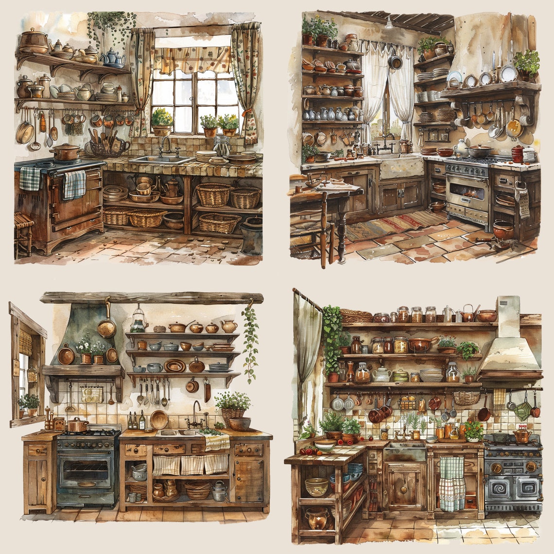 Watercolour Rustic Cozy Cottagecore Kitchen Clipart Bundle, Cozy ...